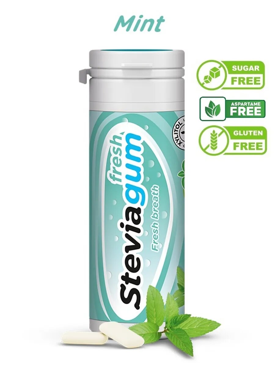 Жевательная резинка Steviagum FRESH без сахара, с мятой, ксилитом и стевией 30 г