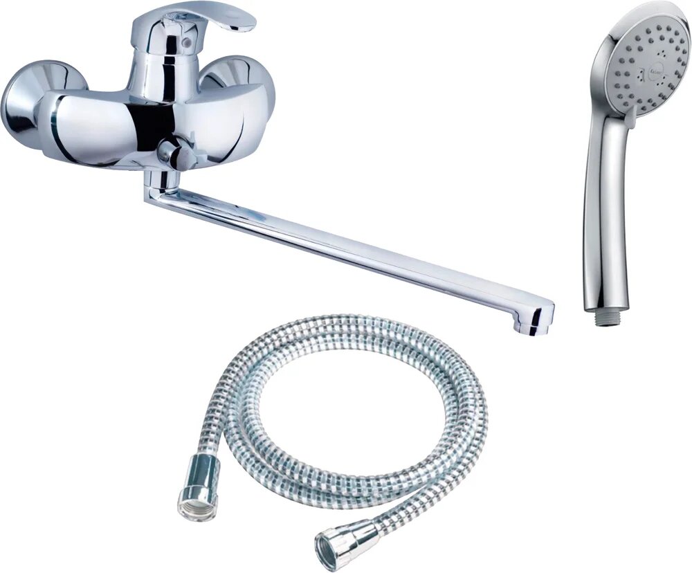 Смеситель с длинным изливом для ванны Kaiser Classic 16055B с душевым гарнитуром, поворотный, латунный, хром, глянцевый, смеситель для ванны с душем, рычажный