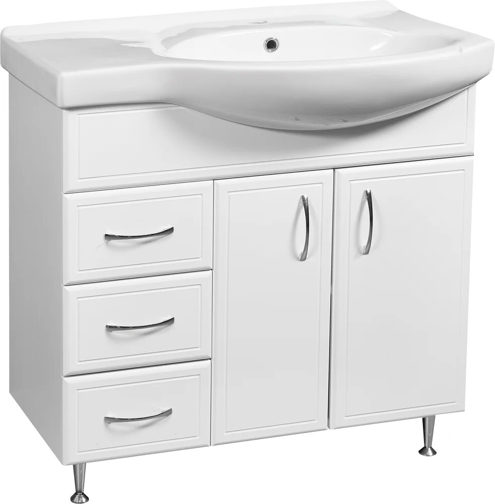 Тумба с раковиной Stella Polar Концепт напольная, 83 см, белая, глянцевая, из МДФ, с ящиками, с дверками, раковина для ванной фарфоровая, полукруглая