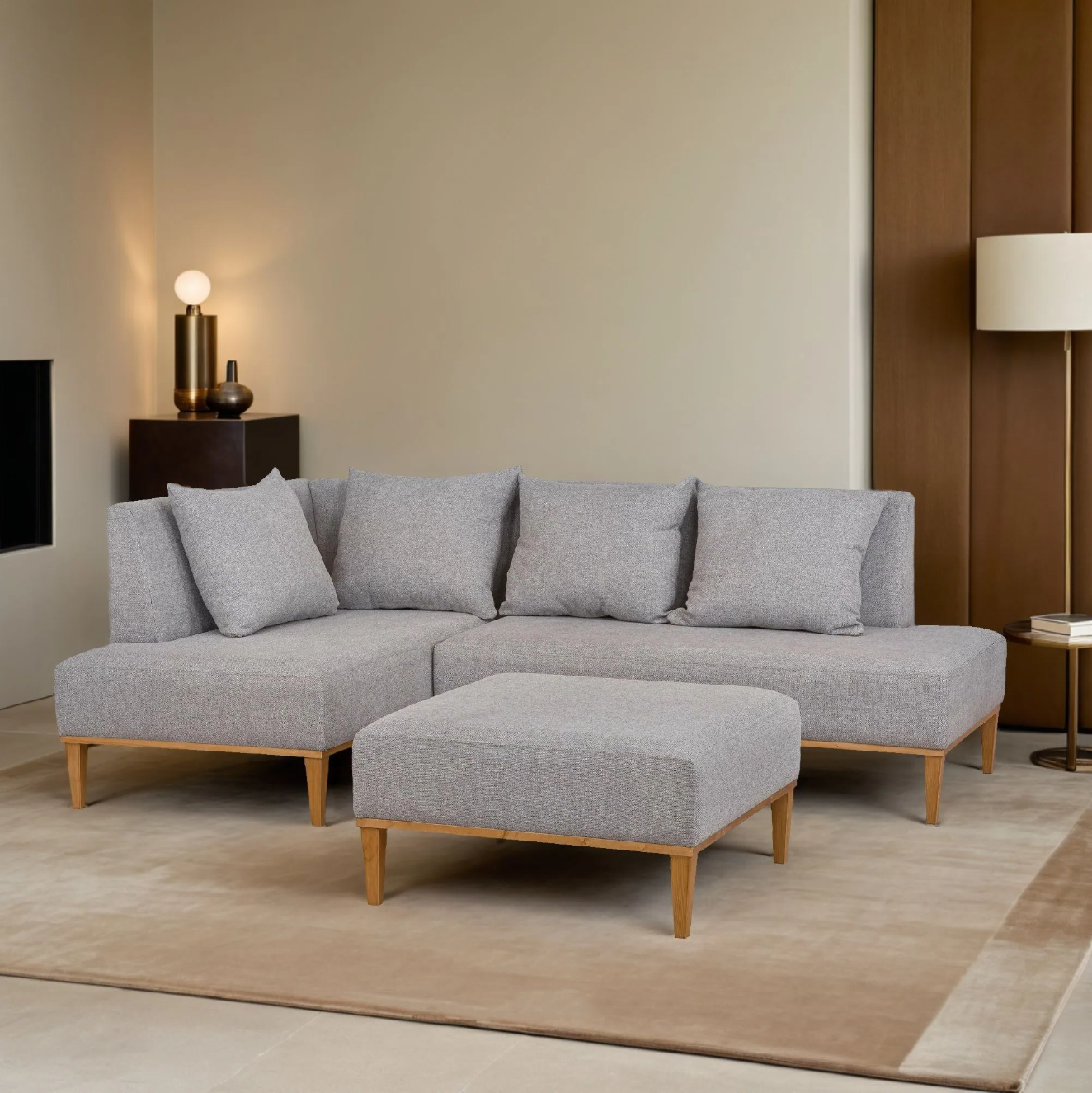 Диван угловой модульный нераскладной, Микровелюр, Светло-серый, 210х210х75 см