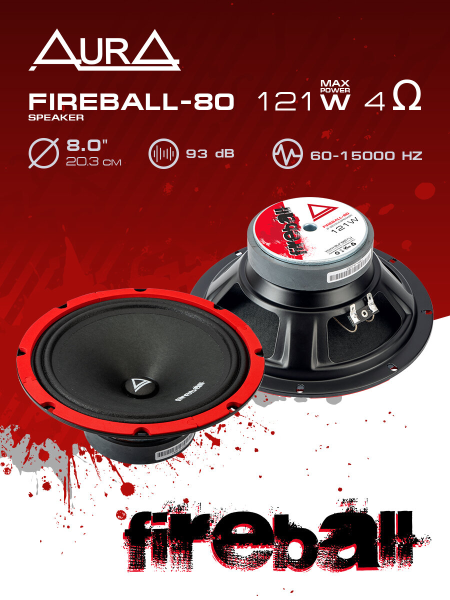 Колонки в машину AurA FIREBALL-80 / эстрадные динамики 20 cм (8 дюймов) / 2шт.