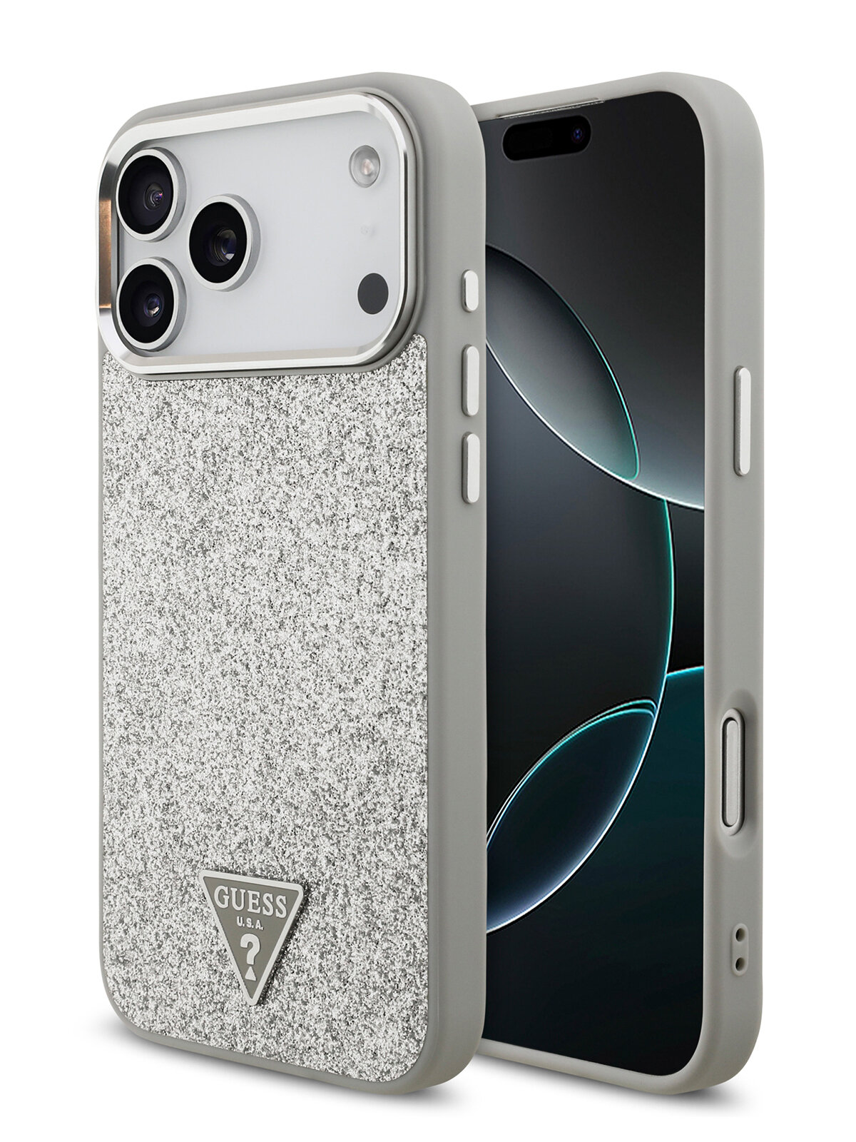 Чехол Guess на iPhone 17 Pro Max, Fixed Glitters с блестками, с магнитами MagSafe, серебристый