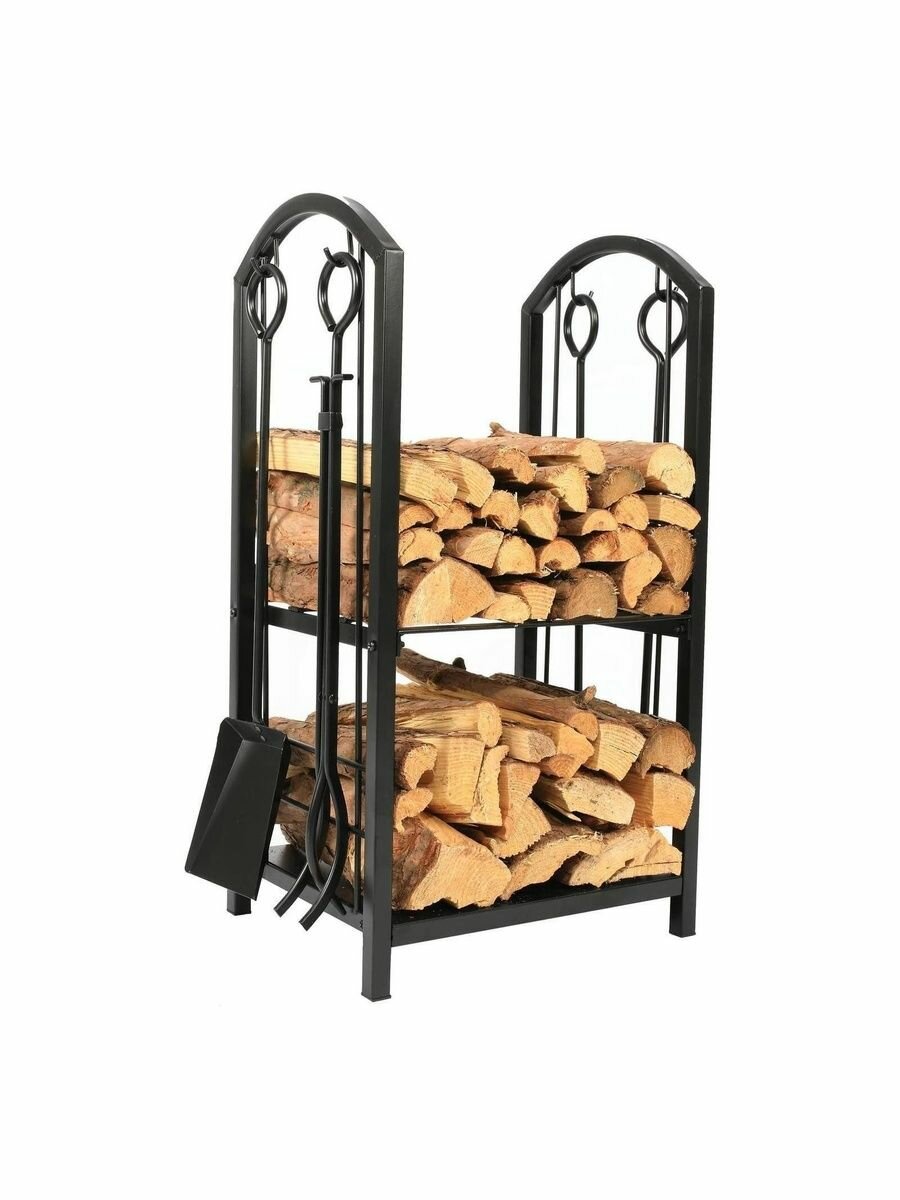 Дровница с набором инструментов для камина, 2-х ярусная металлическая подставка для хранения дров, 4 предмета, чёрный, 45 30 см