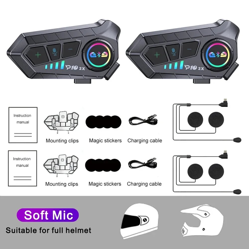 Мотоциклетная гарнитура KEBIDUMEI 1/2x, шлем для 2-х водителей, интеркоммуникатор для мотоцикла, 300 м, водонепроницаемое переговорное устройство для совместного использования музыки, 2PCS Soft Mic