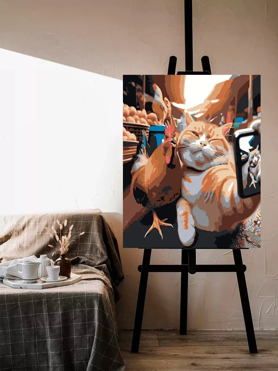 Картина по номерам Мультяшный Петух с Котом Мем Селфи