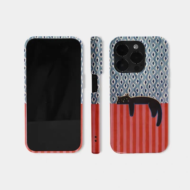 Чехол для телефона Black Lying Flat Cat с красными полосками для IPHONE 17 Air 16E 15 PROMAX 14 Plus 13 12 MINI 11 PRO XR, акриловый чехол для телефона 1, For iphone14 PRO MAX