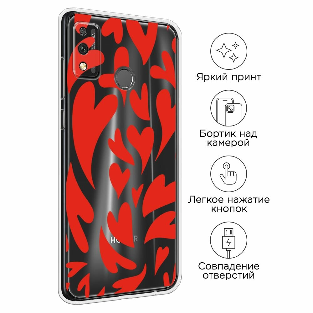 Чехол на Honor 9X Lite / Хонор 9X Лайт с принтом Crazy hearts 2, прозрачный — фото 1