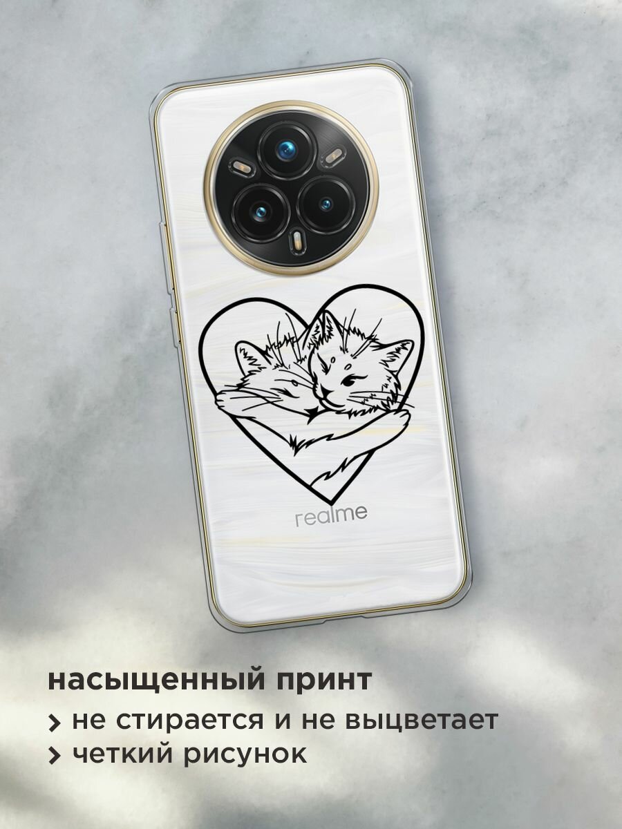 Чехол на Realme 14 Pro+ / Реалми 14 Про+ с принтом "Влюблённые котики рисунок 3 - 14 февраля", прозрачный — фото 1