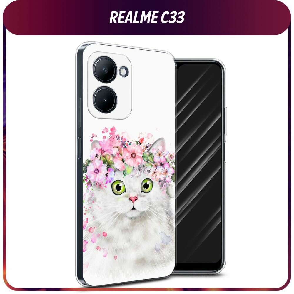Чехол на Realme C33 / Реалми С33 с принтом Белая кошка с цветами