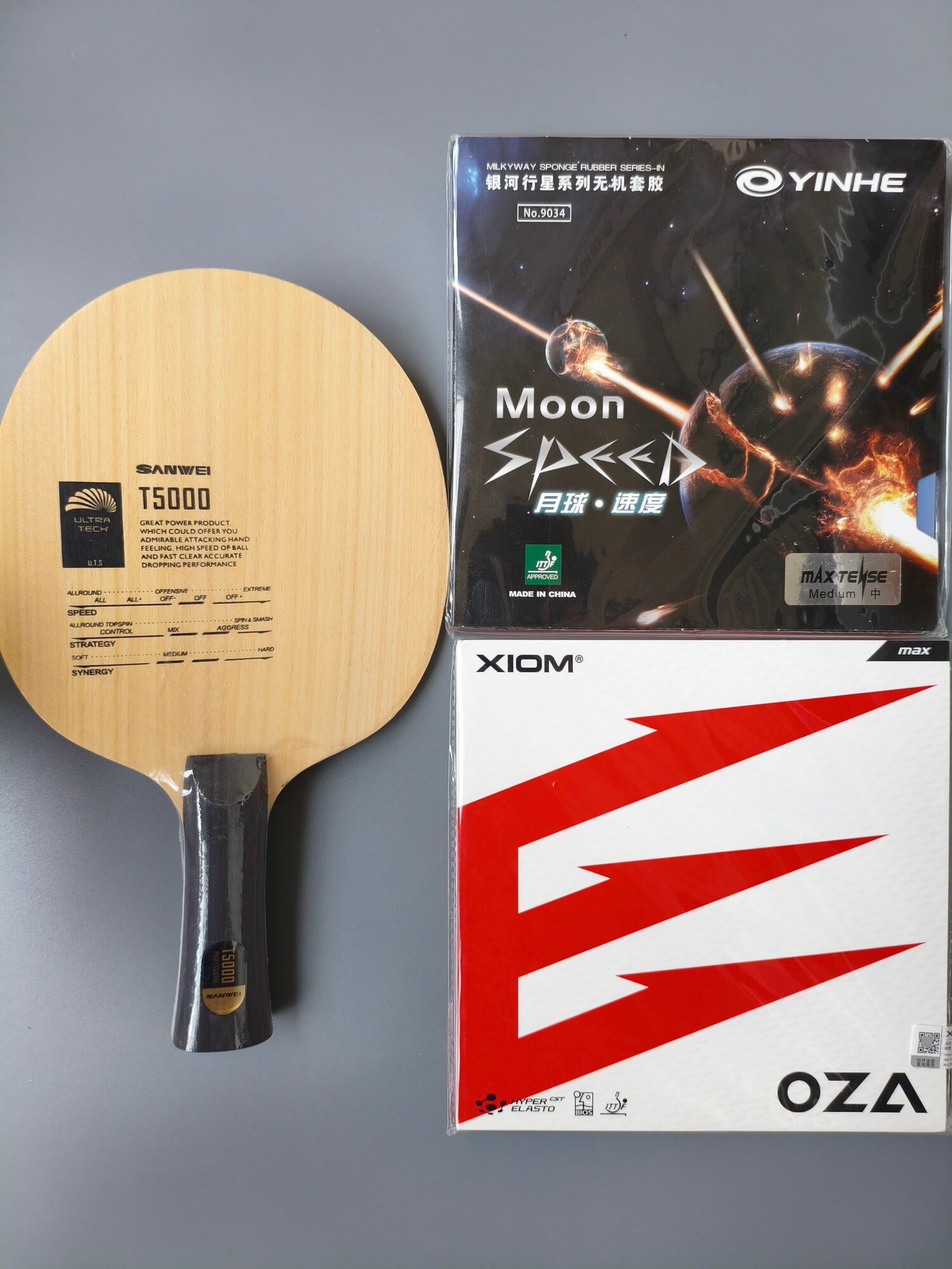Сборная ракетка Sanwei T5000 + Xiom oza + moon speed (Универсально-атакующая сборка)