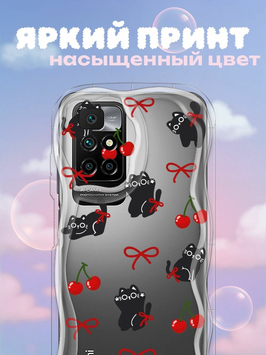 Чехол на Xiaomi Redmi 10 / Редми 10 с принтом "Котик, вишня и бантики" — фото 1
