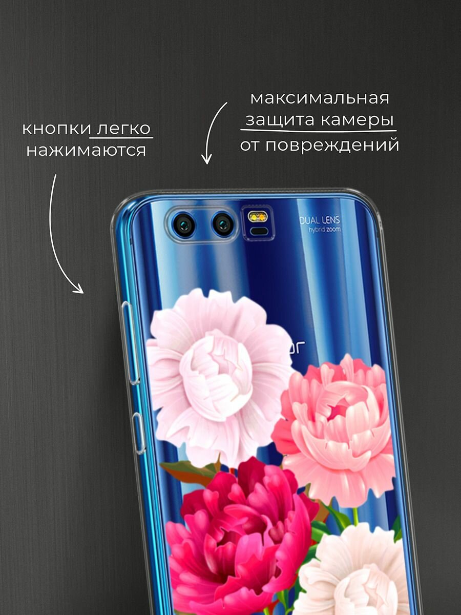 Чехол на Honor 9 / Хонор 9 с принтом "Большие пионы", прозрачный — фото 1