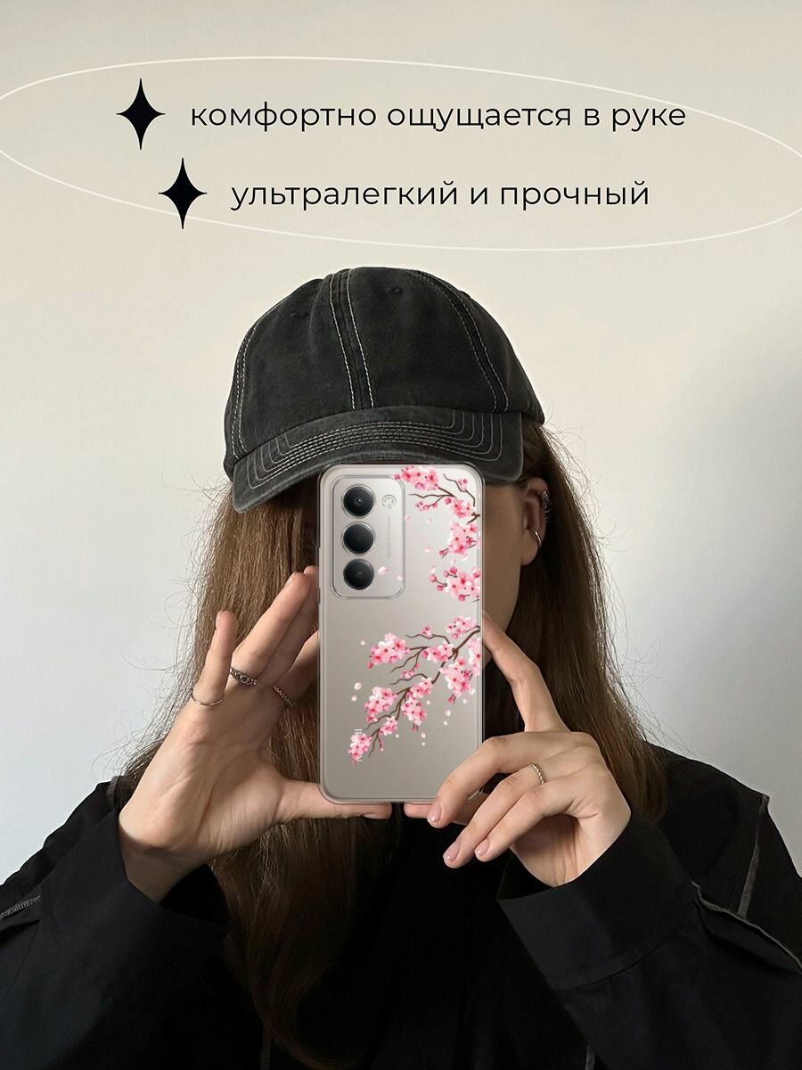 Чехол на Xiaomi Redmi 15 / Сяоми Редми 15 с принтом "Цветущая ветка сакуры рисунок", прозрачный — фото 1