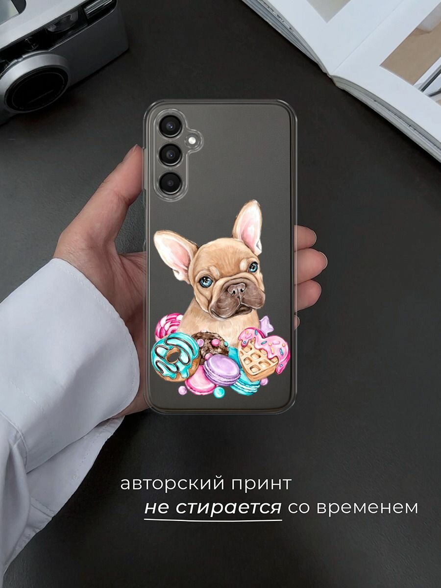 Чехол на Samsung Galaxy A24 / Самсунг Галакси A24 с принтом "Бульдог и сладости", прозрачный — фото 1