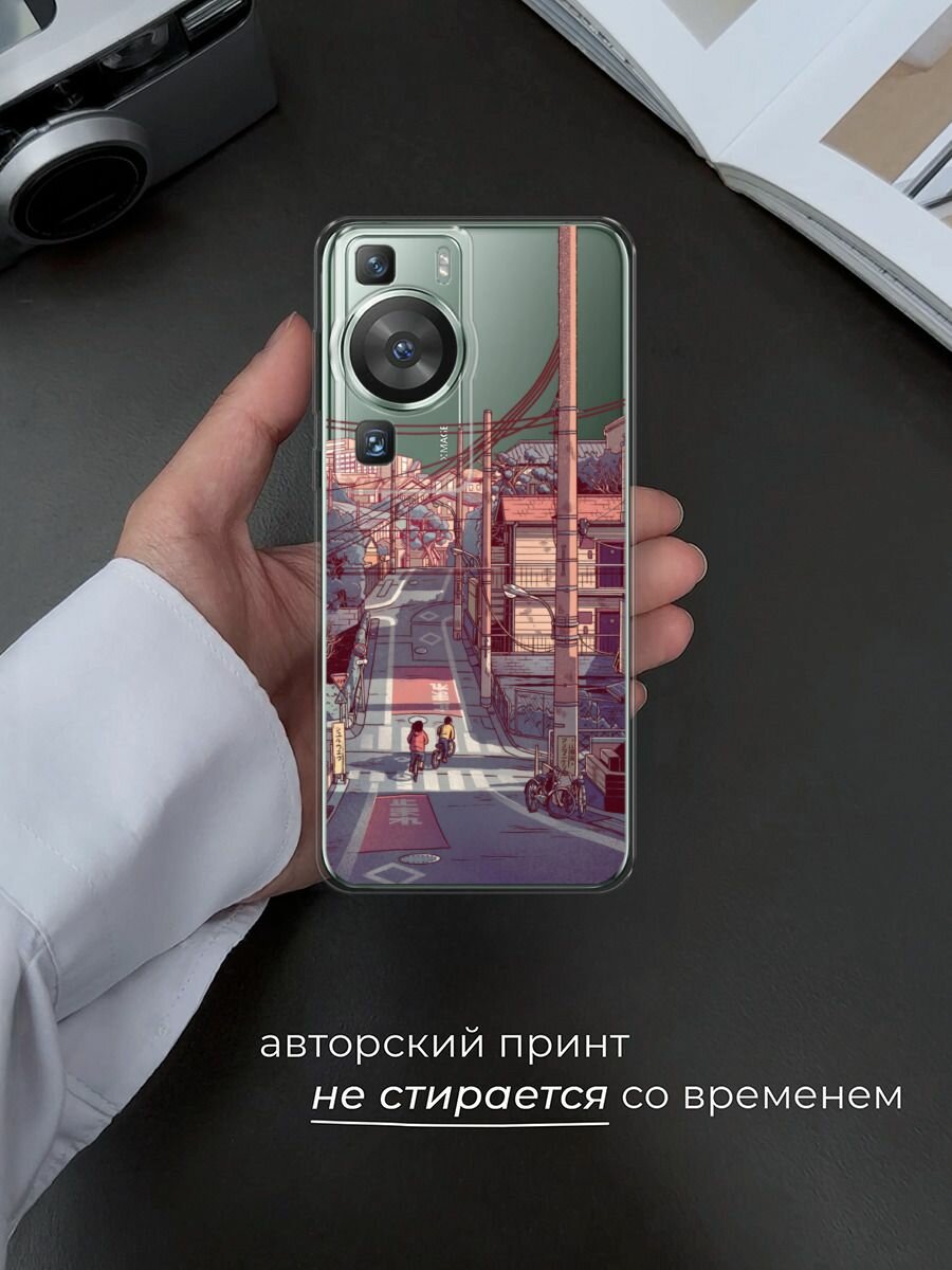Чехол на Huawei P60/P60 Pro / Хуавей P60/P60 Про с принтом "Закат на японской улице", прозрачный — фото 1
