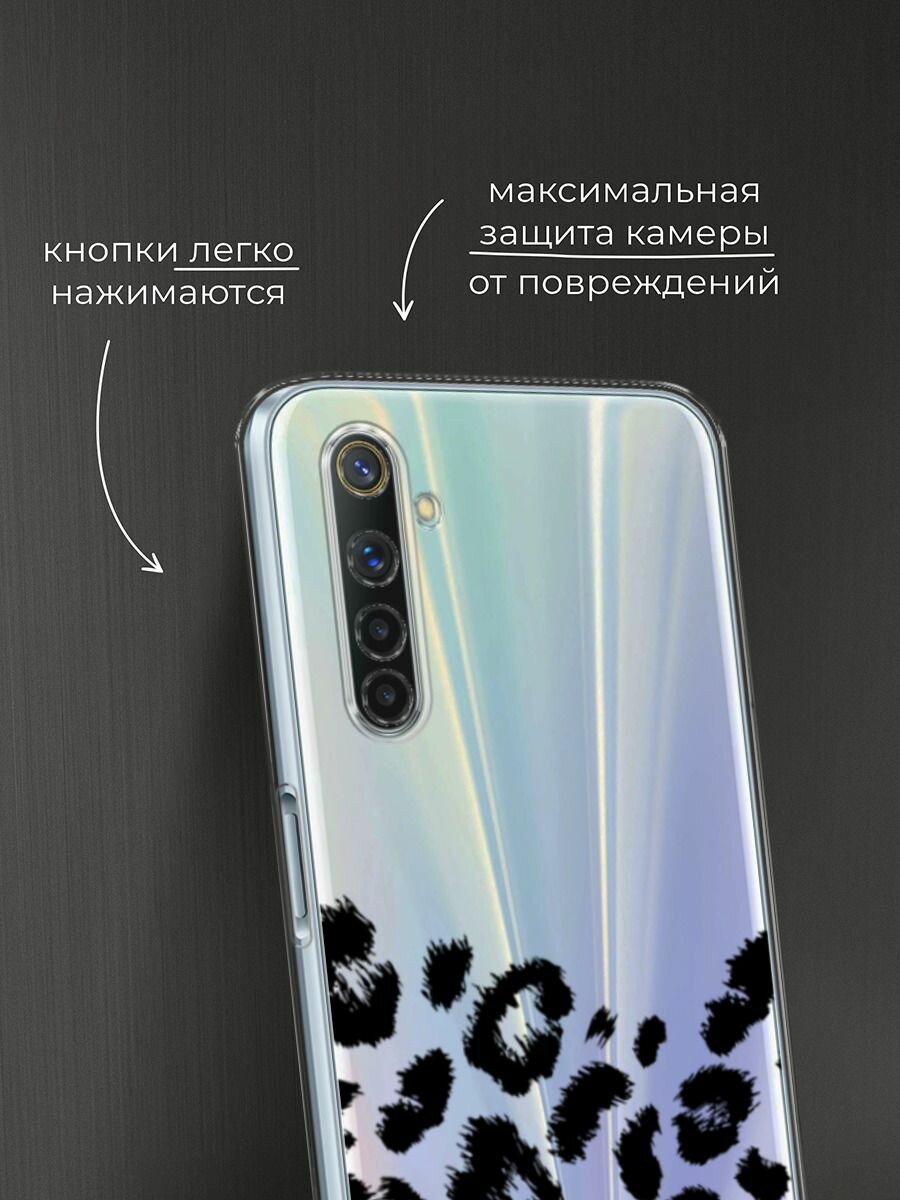 Чехол на Realme 6 / Реалми 6 с принтом "Окрас леопарда фон черный", прозрачный — фото 1