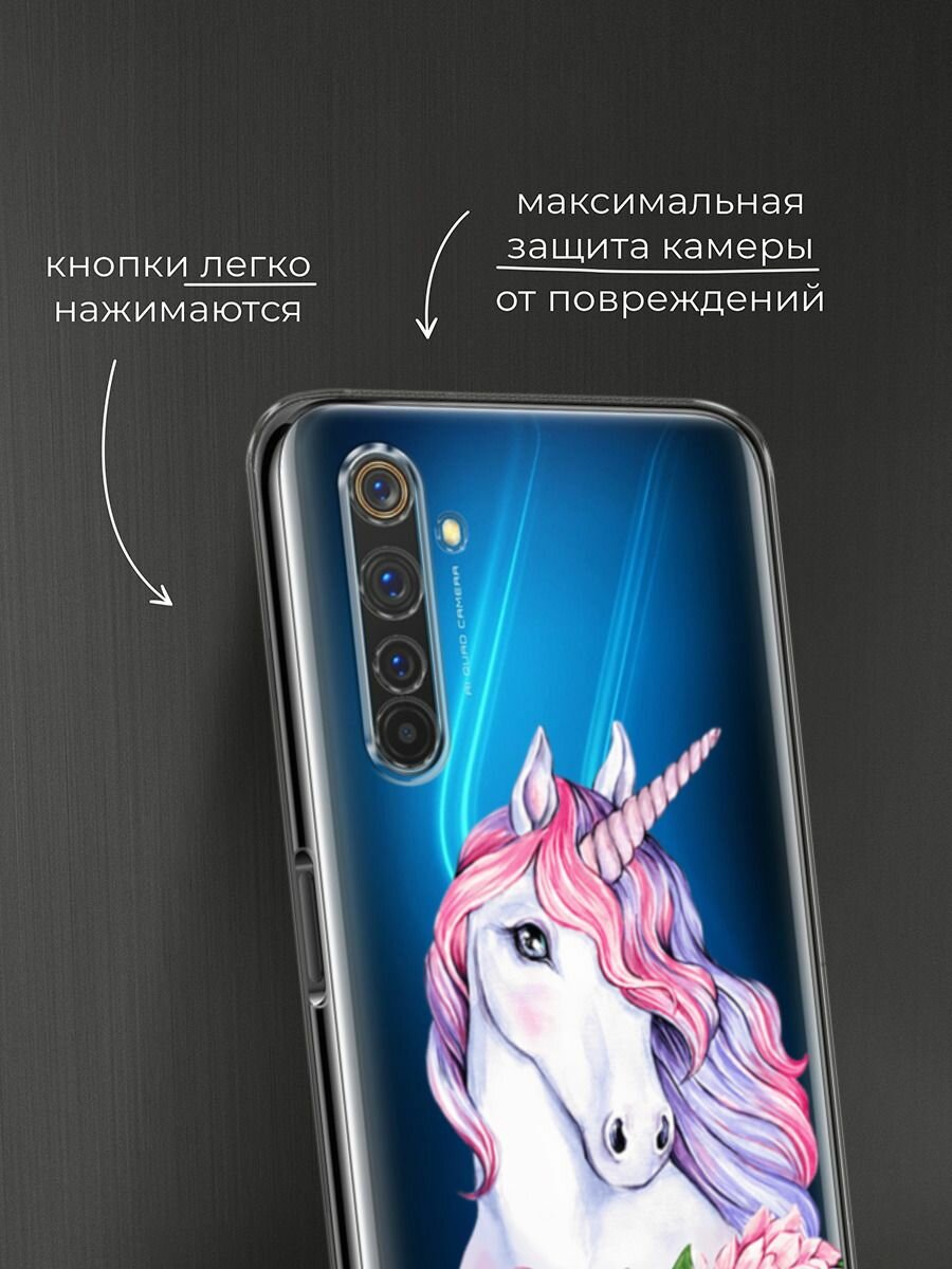 Чехол на Realme 6 Pro / Реалми 6 Про с принтом "Единорог с пионами", прозрачный — фото 1