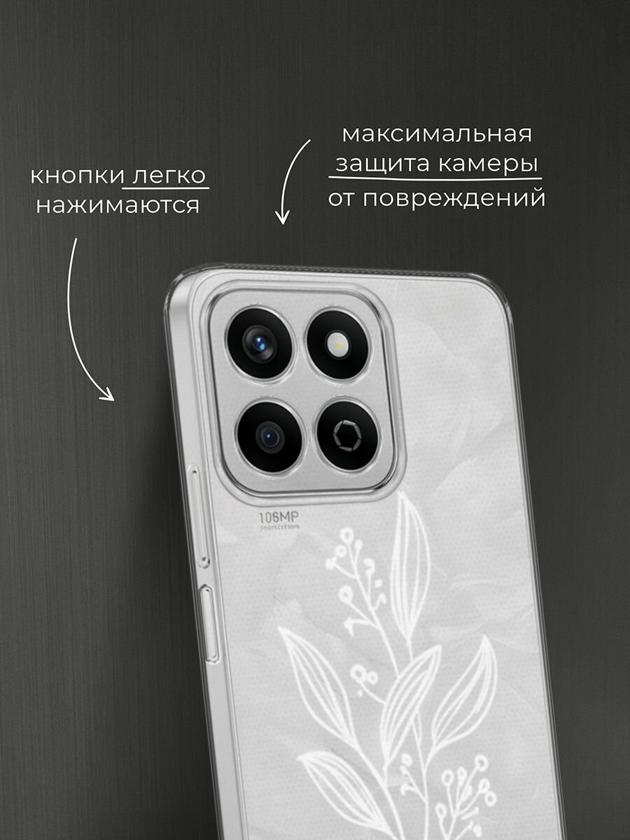 Чехол на Honor X7c / Хонор X7c с принтом "Ветка с листочками и цветами", прозрачный — фото 1