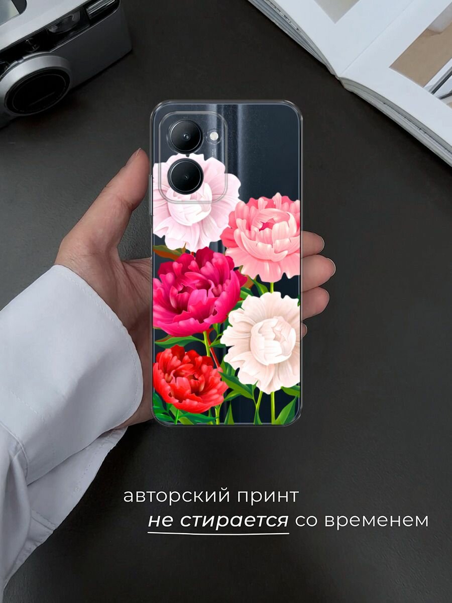 Чехол на Realme C33 / Реалми С33 с принтом "Большие пионы", прозрачный — фото 1