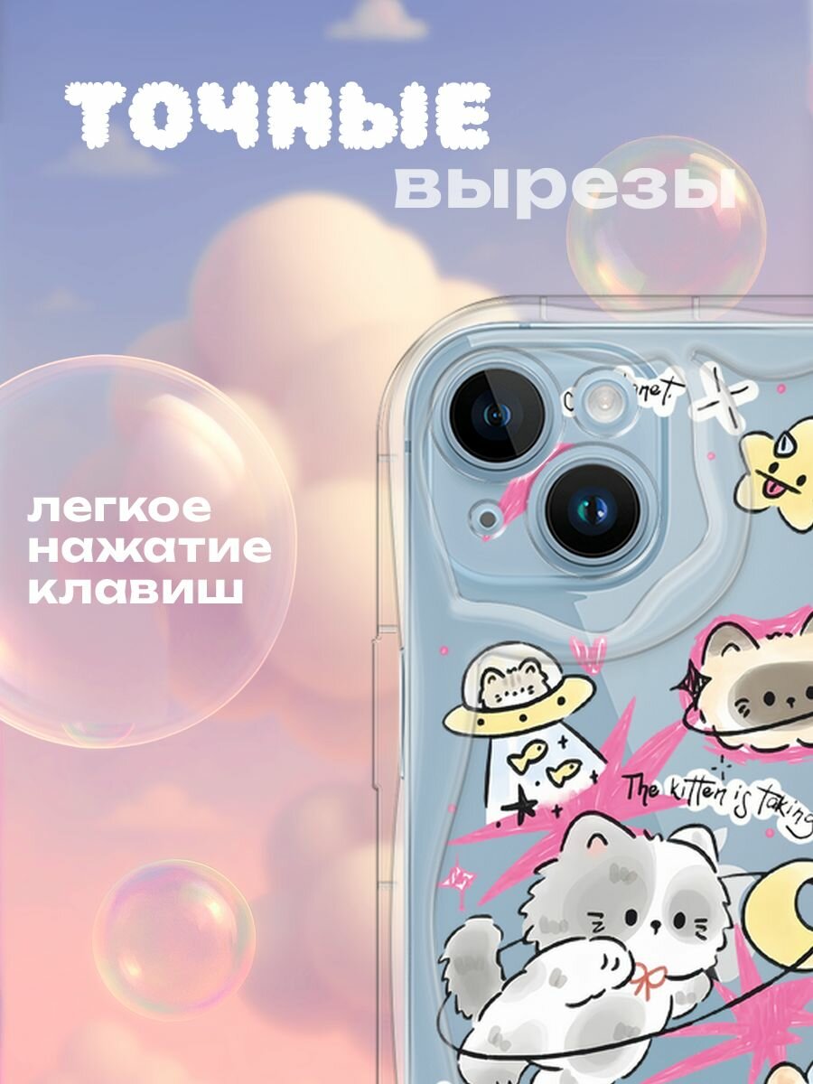 Чехол на Apple iPhone 14 / Айфон 14 с принтом "Космокотики", прозрачный — фото 1