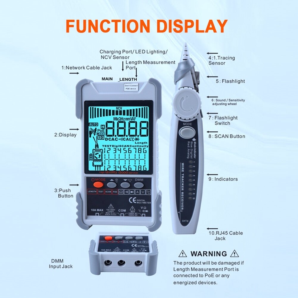 ET618 Тестер сетевых кабелей с ЖК-дисплеем Аналоги цифрового поиска POE Test Cable Wiremap Tester ID Mapping Tool(C) -hj