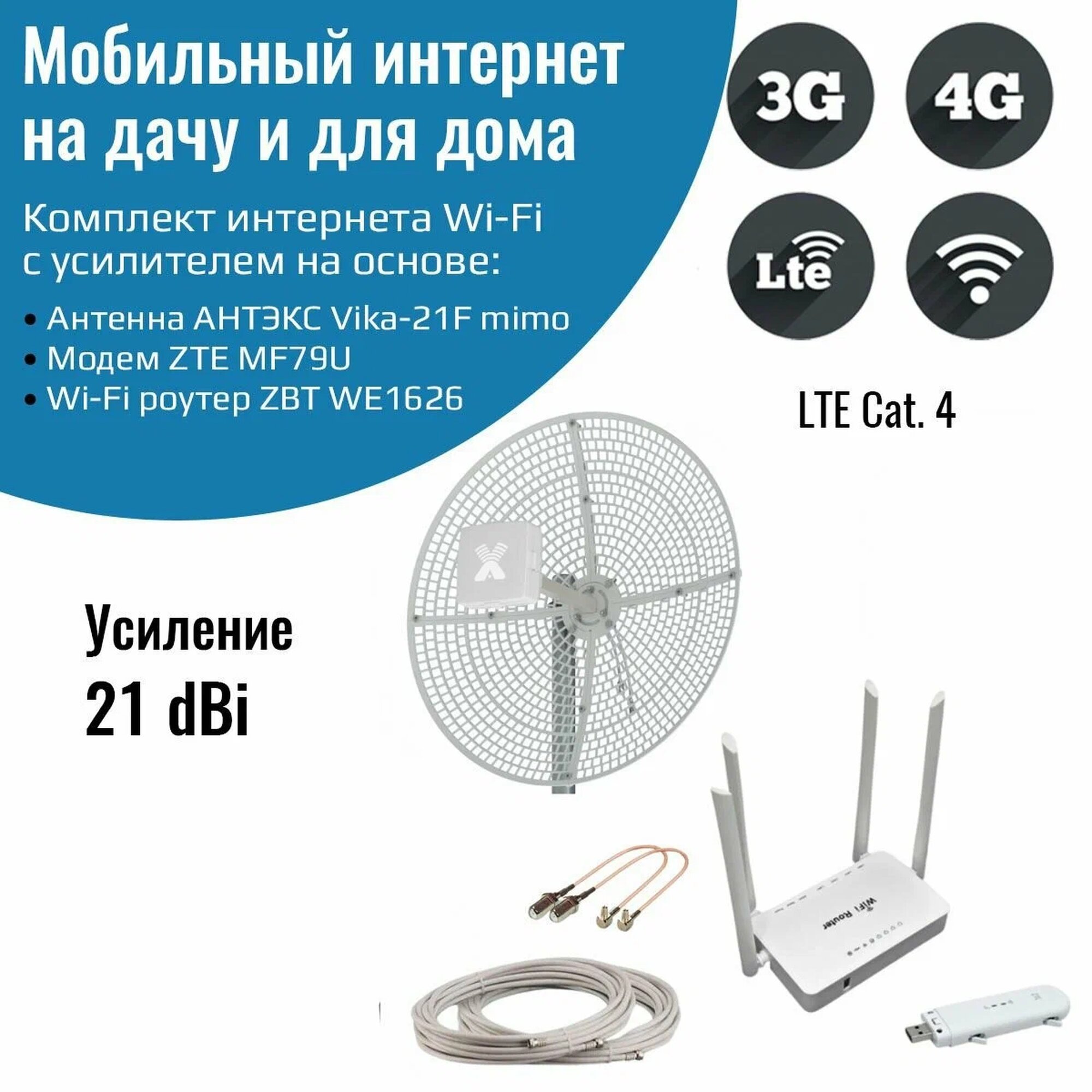 Усилитель интернет сигнала Дача-Максимум (Роутер WiFi, модем ZTE MF79U, антенна Vika-21F MIMO 21 дБ)