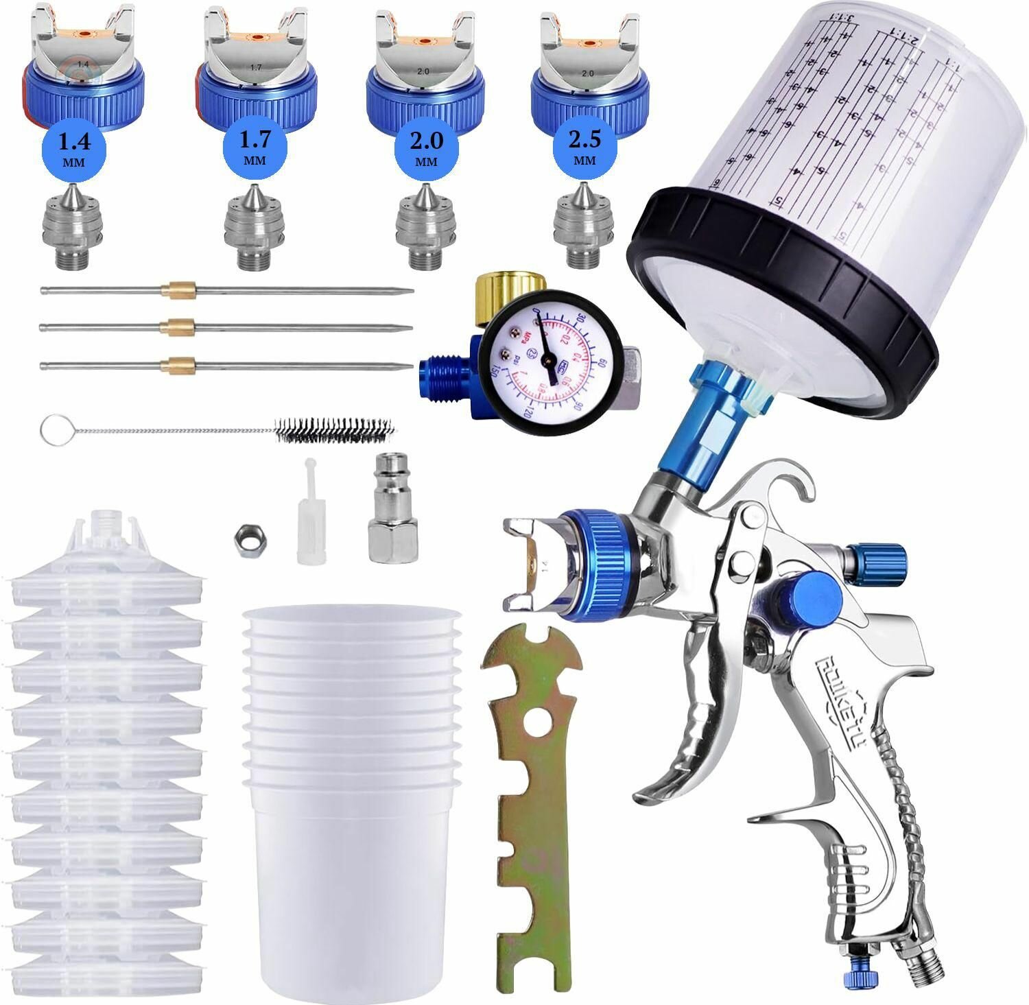 Пистолет для защитных составов HVLP, комплект сопел 1,4-2,5 мм, регулировка распыления, для грунтовки, эмали, латекса и антигравия