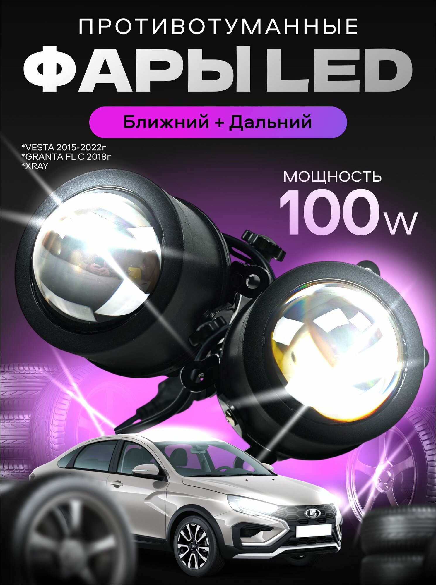 Противотуманные фары с линзой для Лада Гранта FL, Веста 2 режима