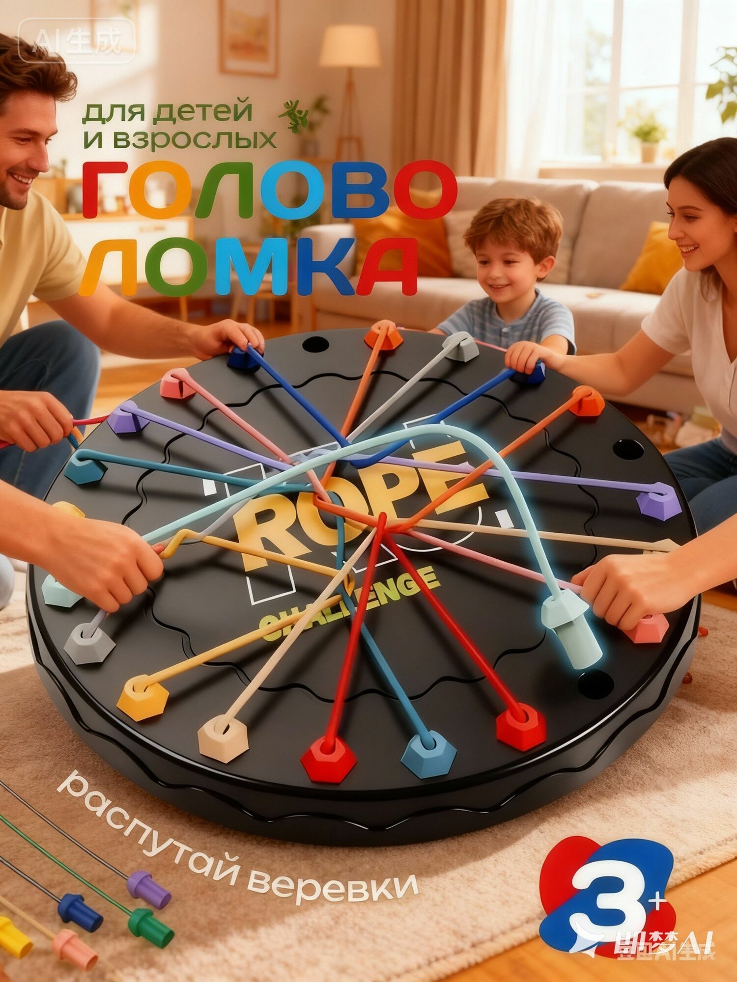 Настольная игра-головоломка для всей семьи — развивающая логическая игра с разноцветными веревочными заданиями
