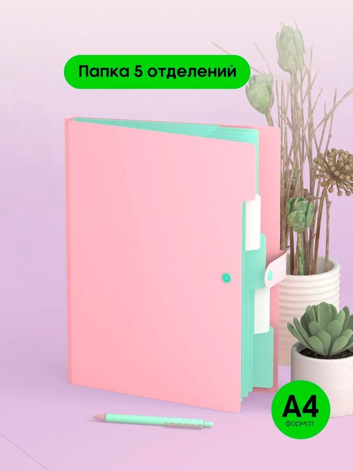 Папка А4, 5 отделений, Calligrata, 600 мкм, на кнопке, розовая, матовая
