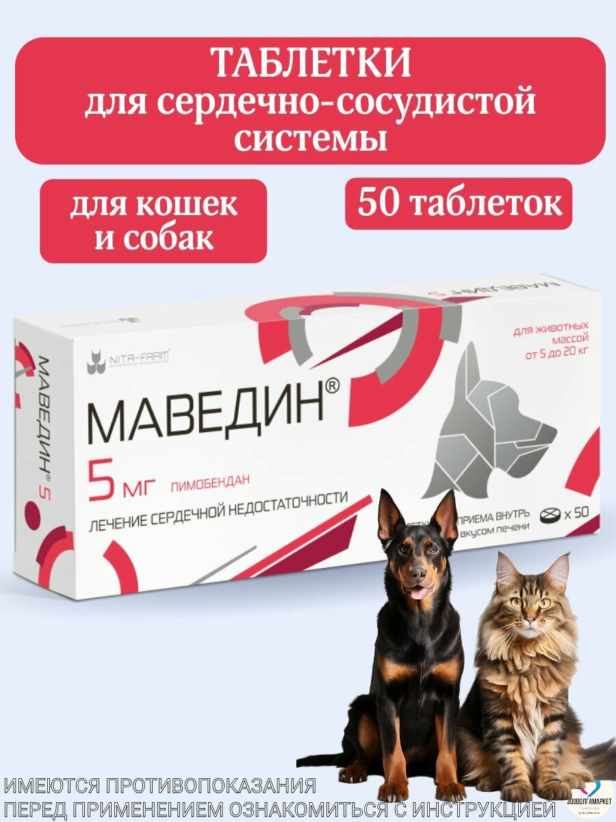 Таблетки NITA-FARM "Маведин", для собак, для сердечно-сосудистой системы, 5 мг, 50 таблеток — фото 1
