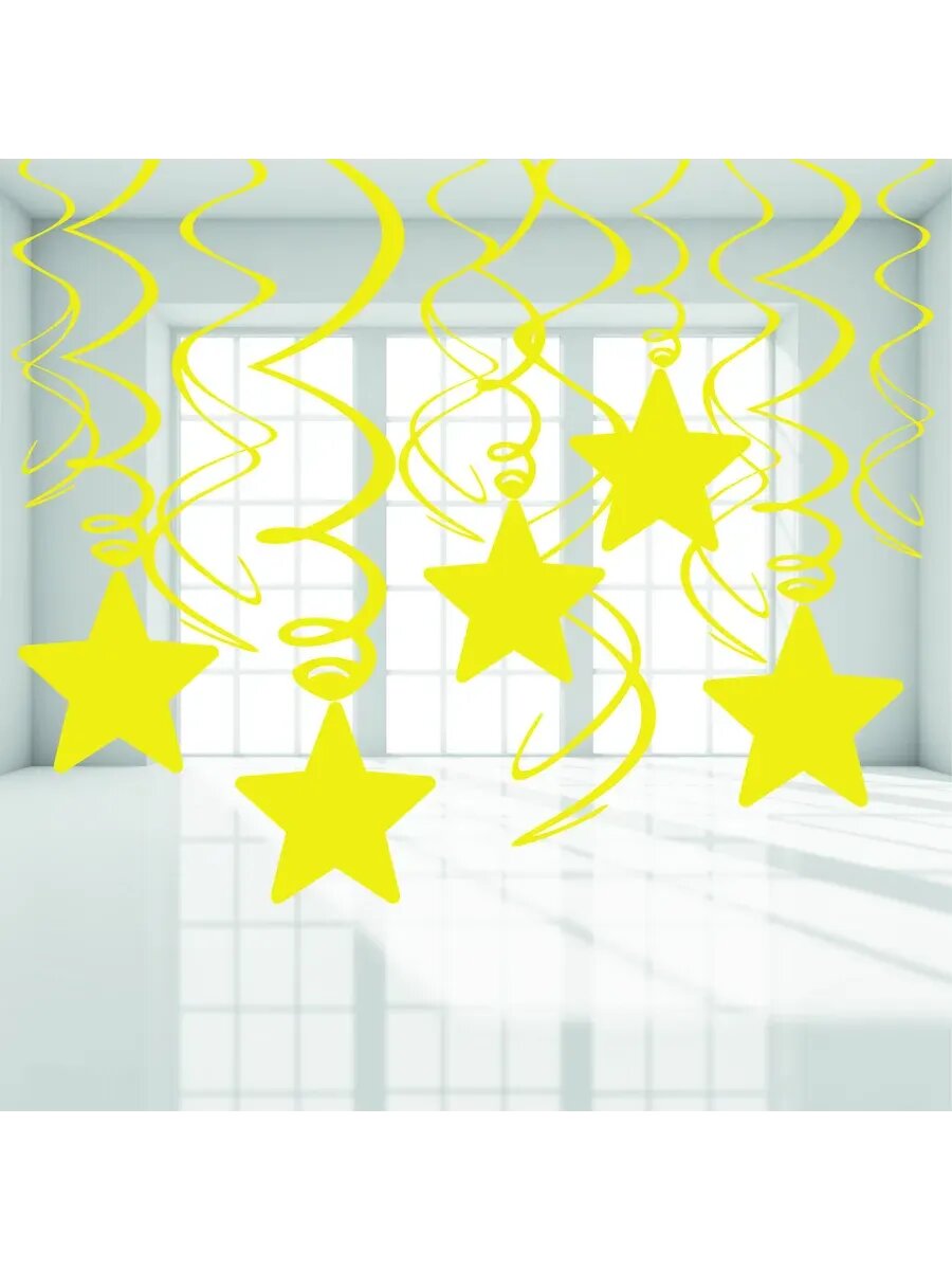 Спираль Декор Звезды, Желтый, 12 шт / 6 спиралей со звездами + 6 без звезд