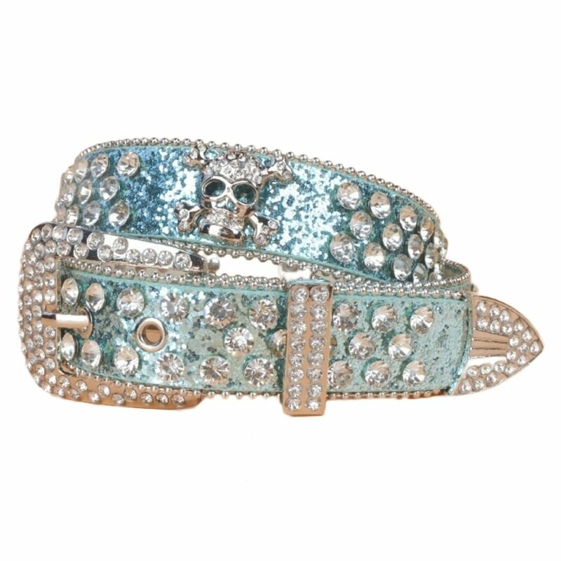 Пояс со Стразами в виде Черепа-Небесно-голубой-105 см