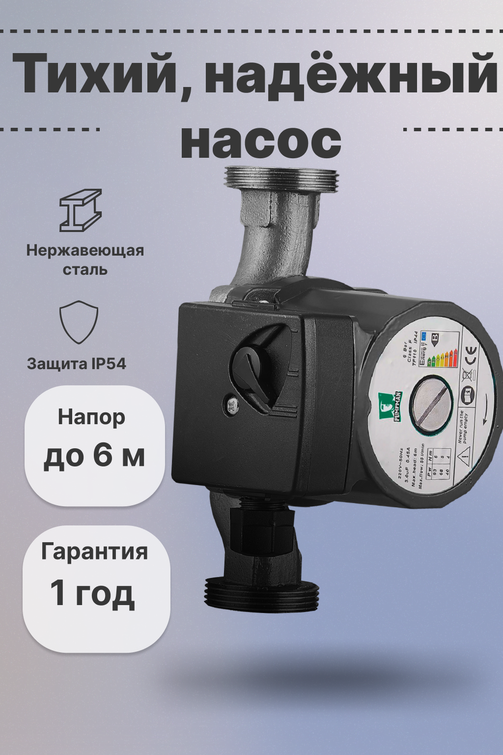 Насос циркуляционный Pumpman GRS-SS 25/6-180мм, напор 6м, 100вт, с гайками и кабелем