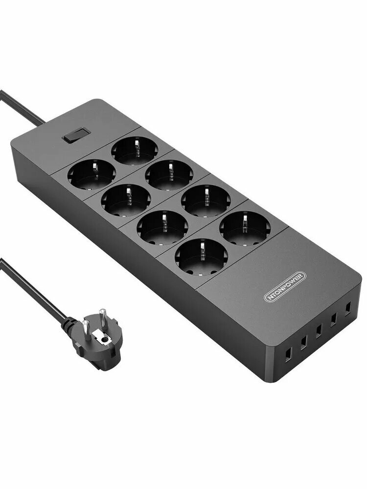 Сетевой фильтр с выключателем HPC Удлинитель сетевой, 8 розетки 5 USB, 1.5 м удлинитель, Множественная защита безопасности