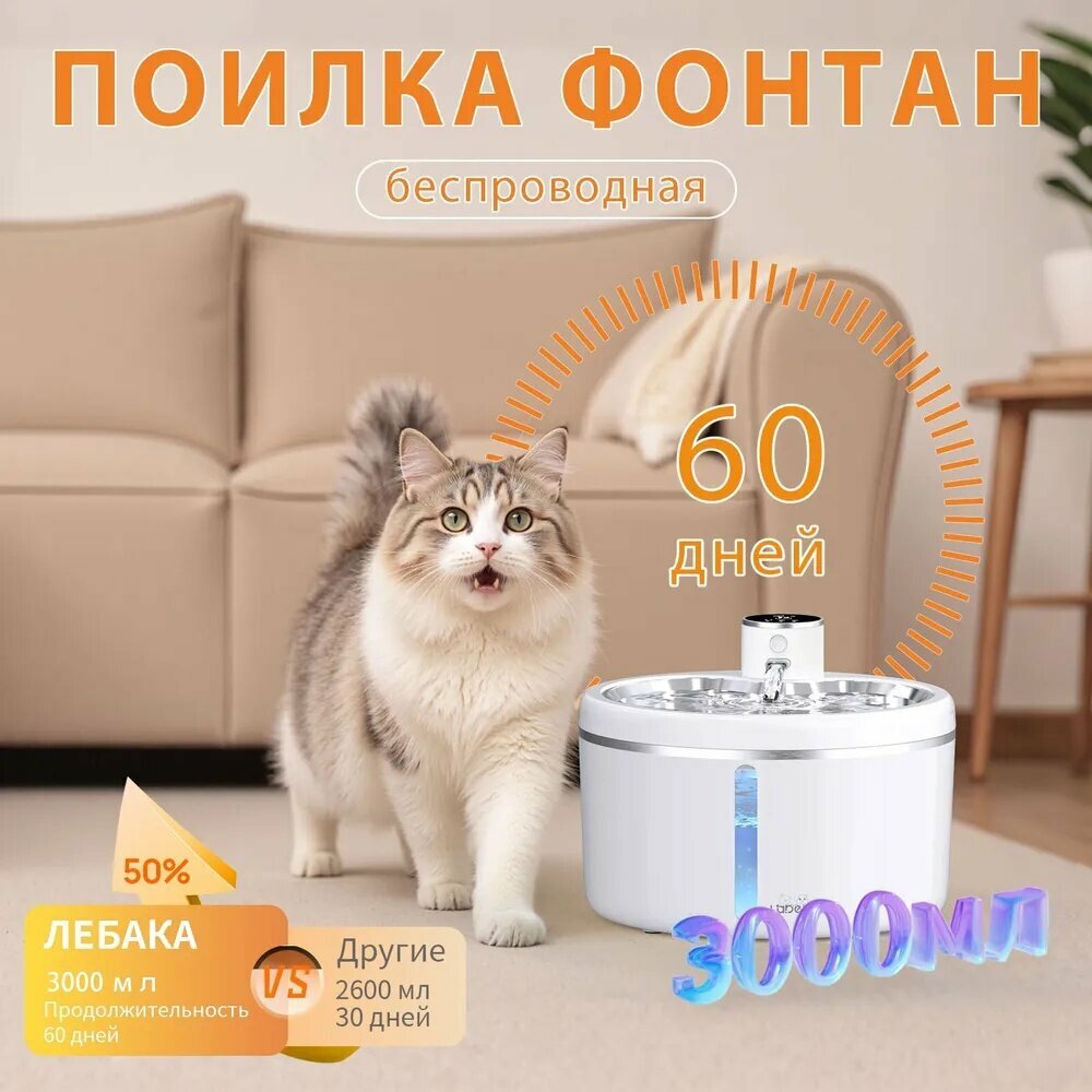 Поилка для кошек/ 3 литра автономная работа 60 дней, нержавеющая, беспроводной, с датчиком движения и ультра-тихий насос/фонтанчик для кошек питьевой