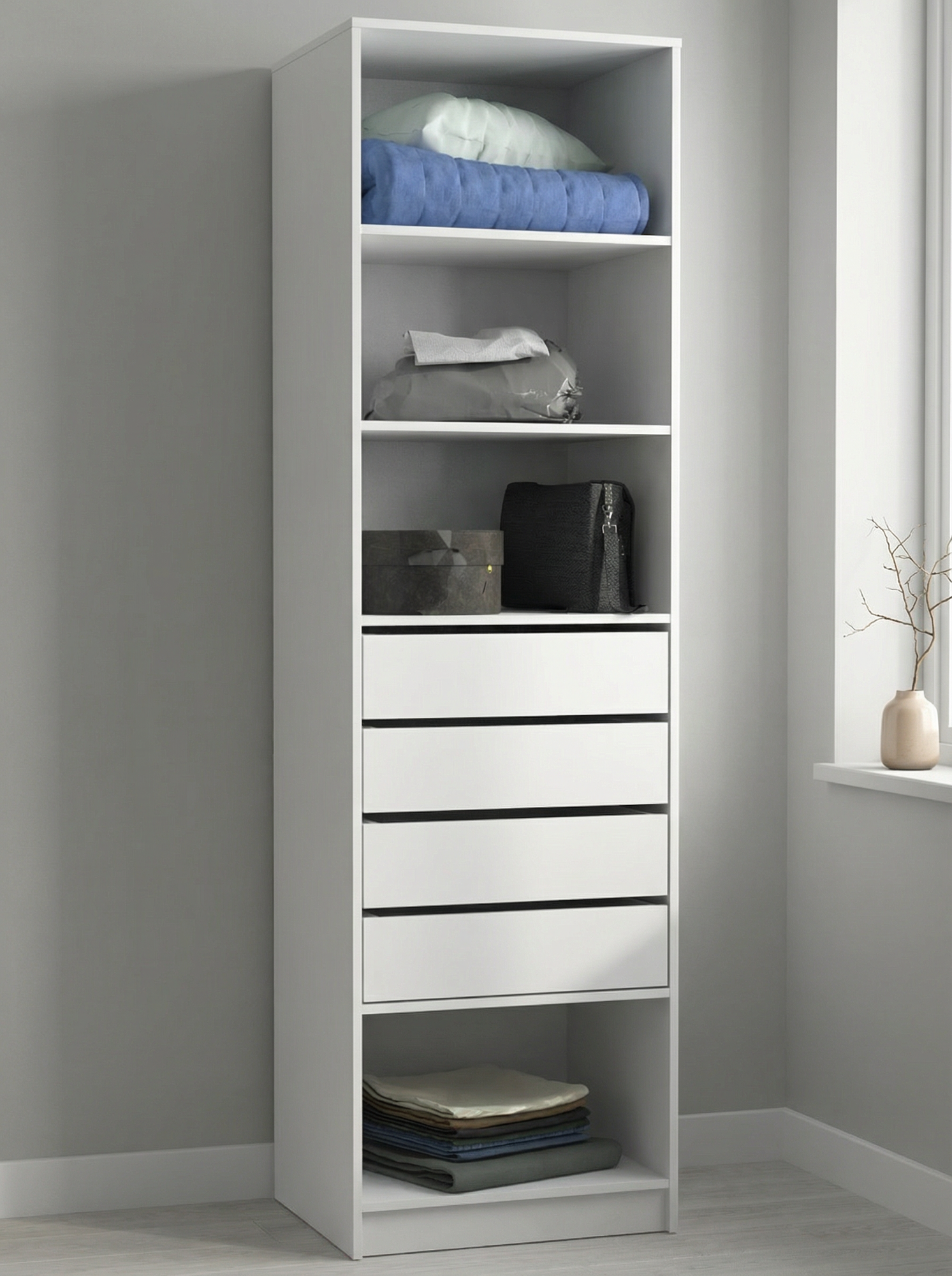 Открытый гардеробный шкаф-пенал Макс-3 с 4 ящиками и 4 полками, ШхГхВ: 60х50х210 см, белый