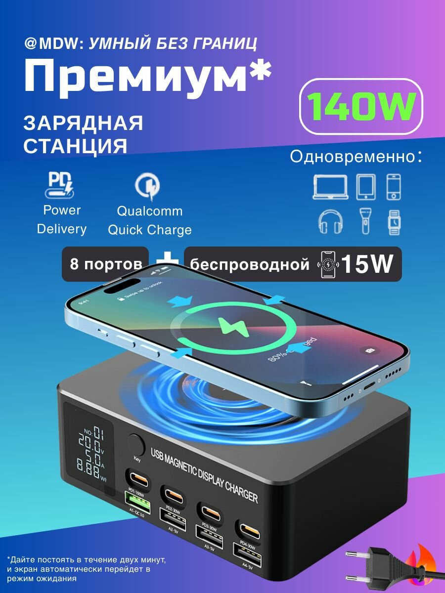 Настольное зарядное устройство 140W ABS+PC с беспроводной зарядкой для ноутбуков и смартфонов для дома и офиса WLX-818D+