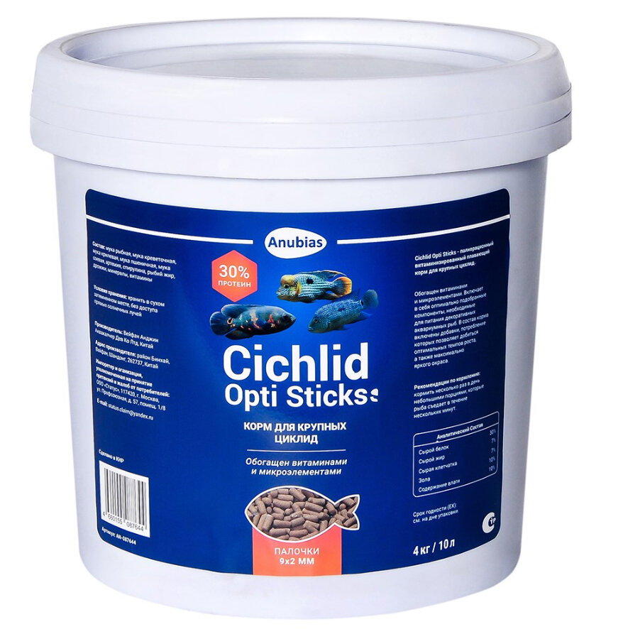 Корм для крупных цихлид Anubias Cichlid Opti Sticks, палочки, 4 кг, ведро
