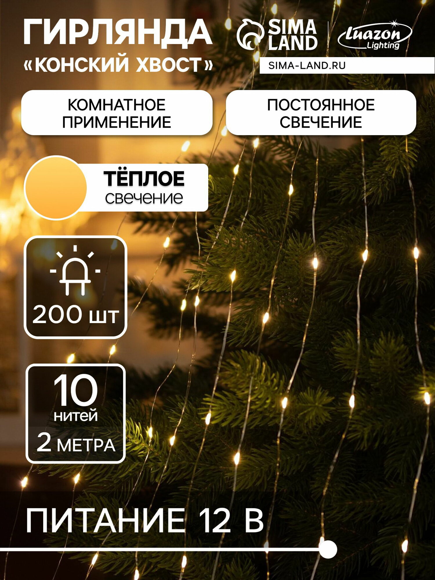 Гирлянда "Конский хвост" 10 нитей по 2 м, IP20, серебристая нить, 200 LED, свечение тёплое белое, 12 В