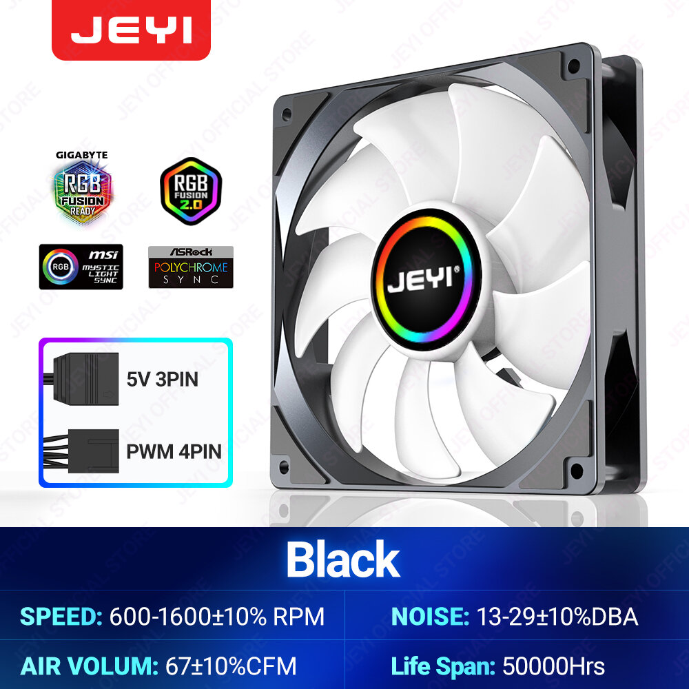 JEYI 120mm PC ARGB Охлаждающий вентилятор , компьютерный вентилятор AURA SYNC RGB с 4-контактным ШИМ и 3-контактным портом ARGB 5V.