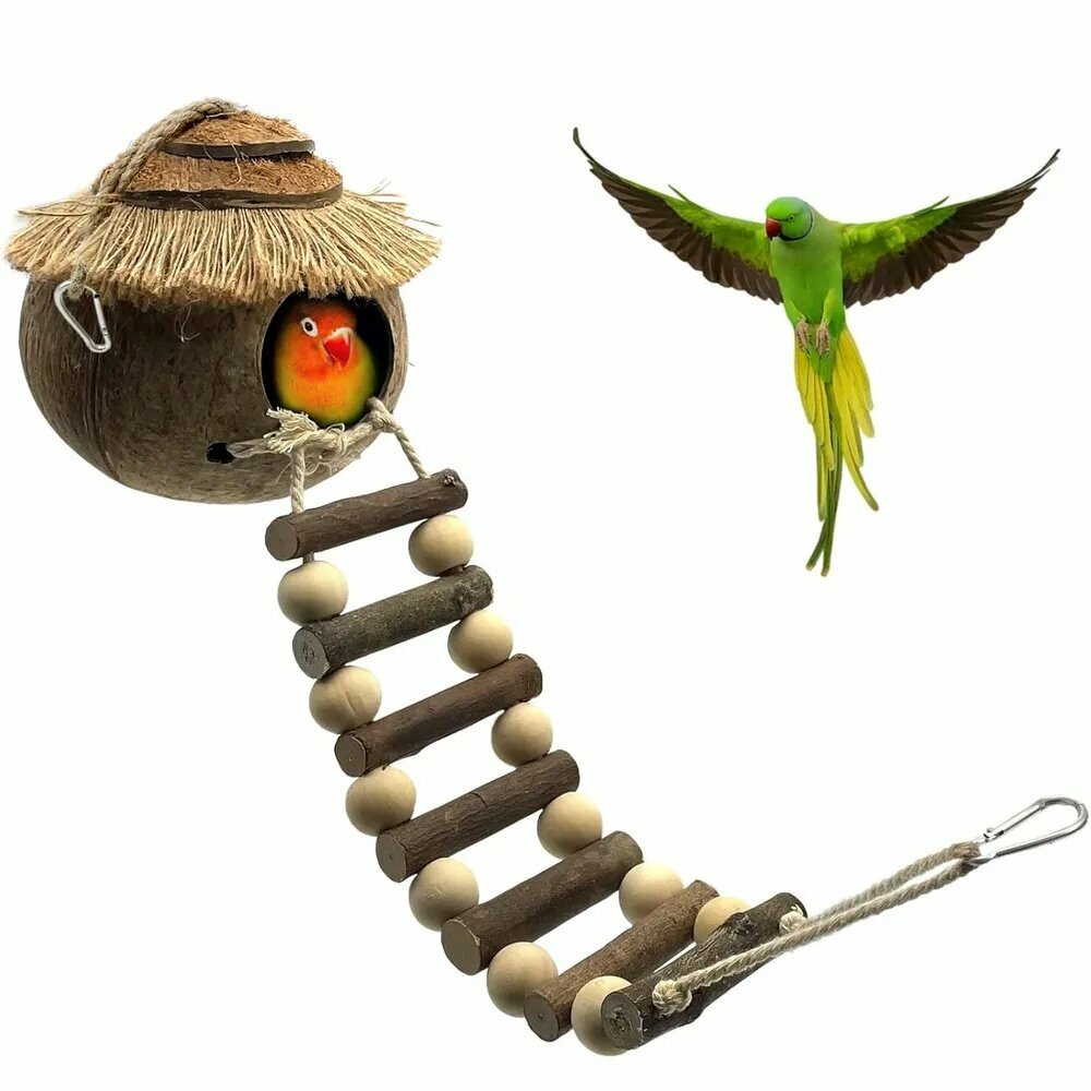 Кокосовое домик гнездо для попугаев волнистых, корелл, неразлучников и других птиц в клетку, с лесенками для попугаев деревянными.