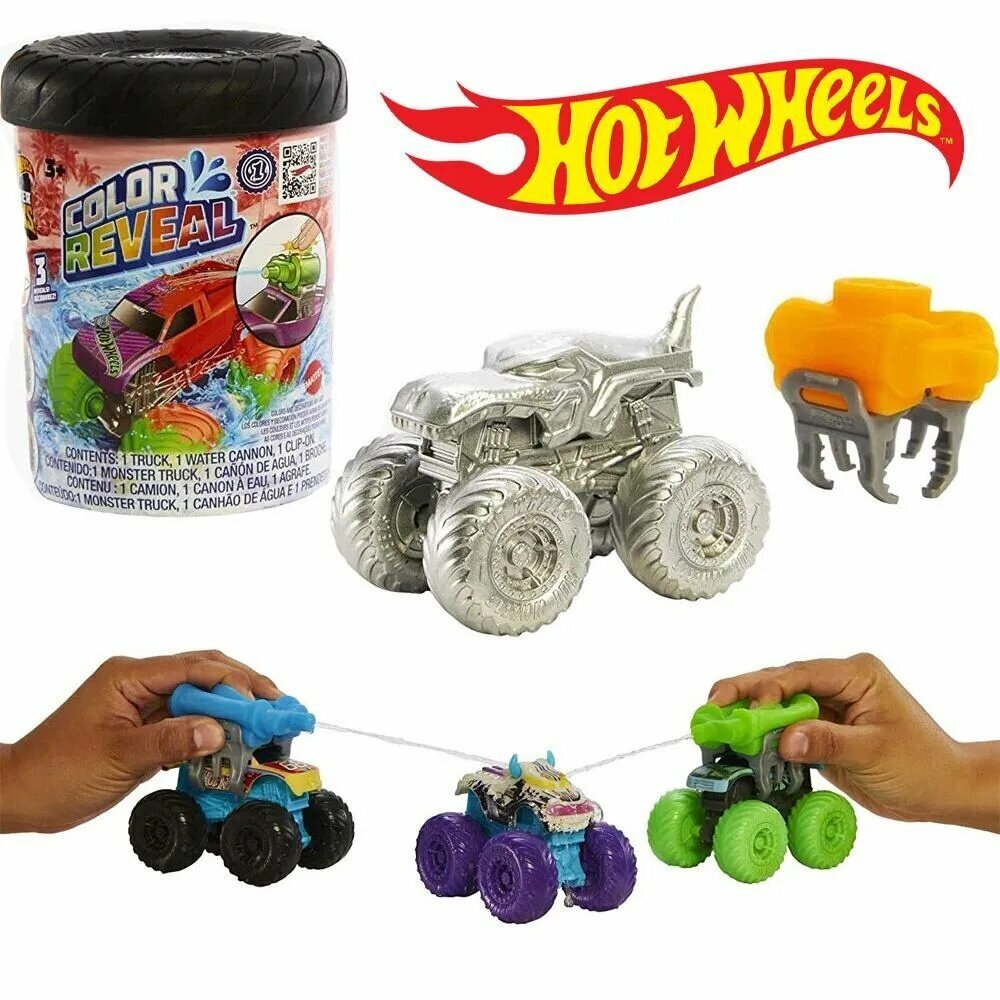 Hot Wheels Monster Trucks Color Reveal Truck, игрушечный грузовик в масштабе 1:64, меняющий цвет, с 2 чашками, крышкой и водяным бластером для измельченной машины