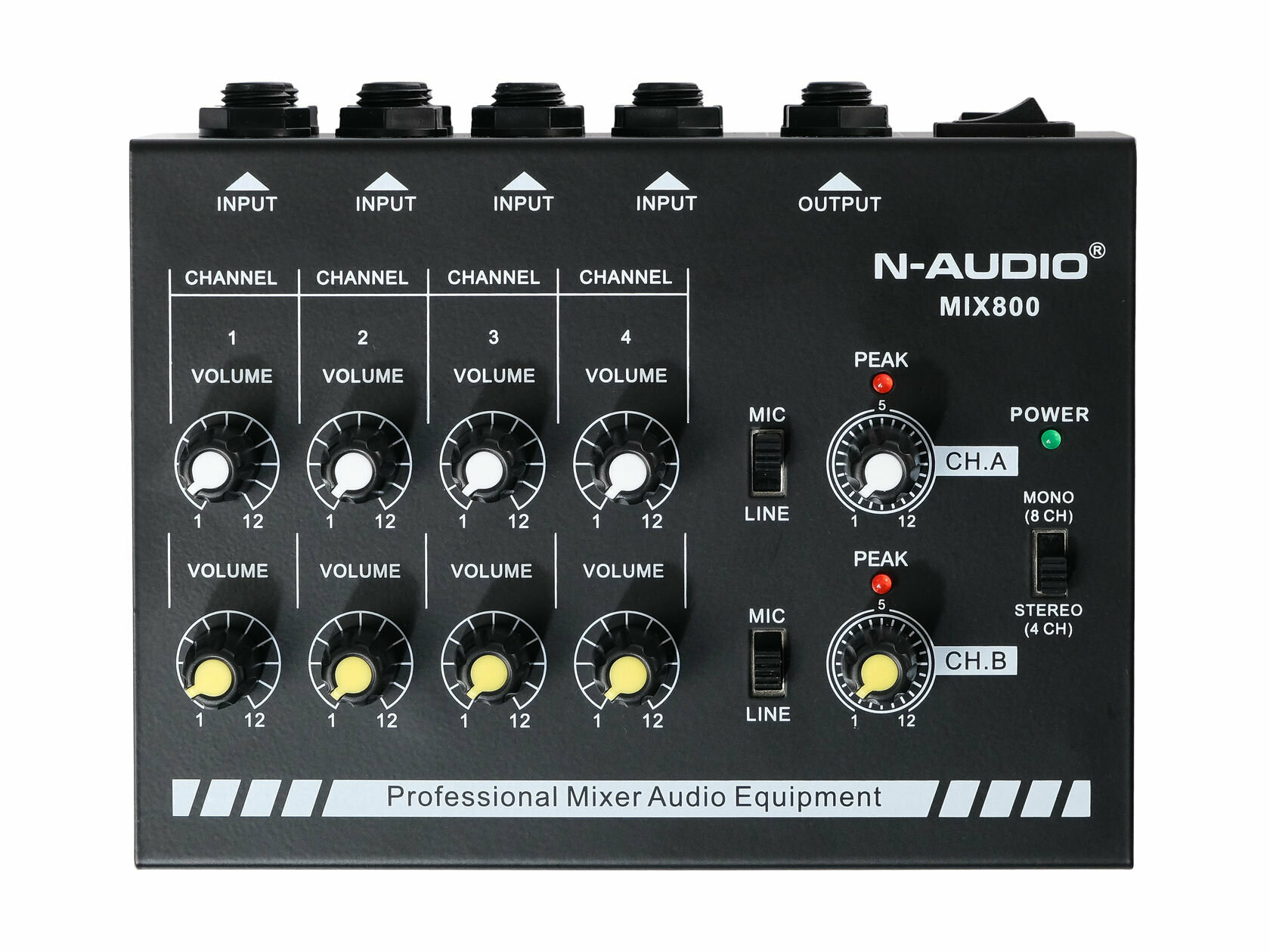 MIX800 Микшер, 8 моно, 4 стерео канала, переключатель микрофон/линия, N-Audio