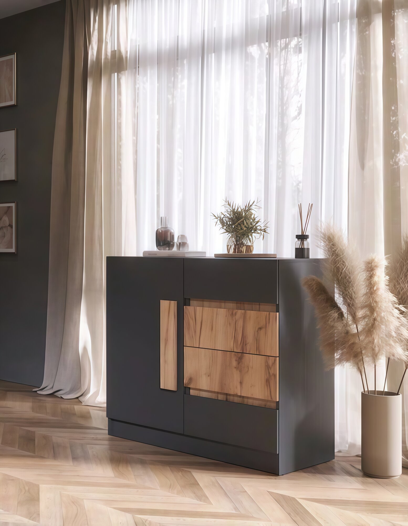 Комод с ящиками и полкой, Армад в цвете: Графит, с элементами дуба