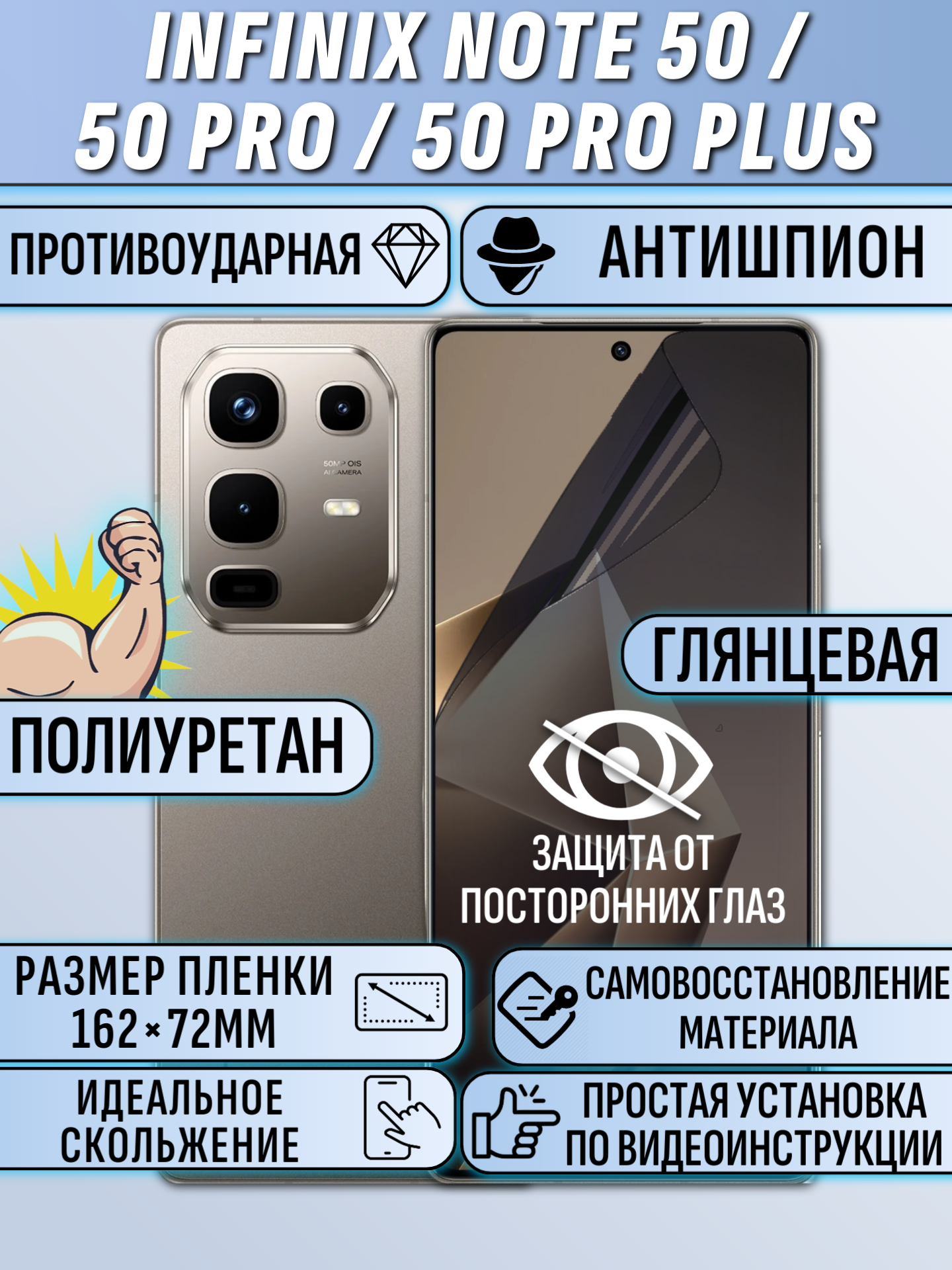 Гидрогелевая пленка для Infinix Note 50 Pro / NOTE 50 / NOTE 50 Pro Plus антишпион глянцевая полиуретановая