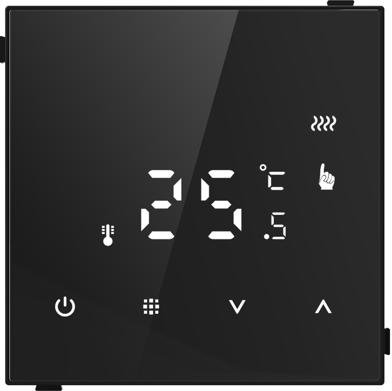 Термостат с датчиками пола и воздуха непрограммируемый, 16A, накладка 70х70мм, без рамки R98, цвет стекло черное, Donel