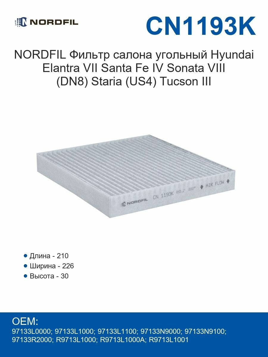 NORDFIL Фильтр салона угольный Hyundai Elantra VII Santa Fe IV Sonata VIII (DN8) Staria (US4) Tucson III