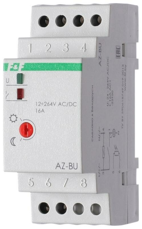 Фотореле AZ-BU (выносной фотодатчик монтаж на DIN-рейке 2 модуля 12-264В AC/DC 16А 1NO IP20 F&F EA01.001.010