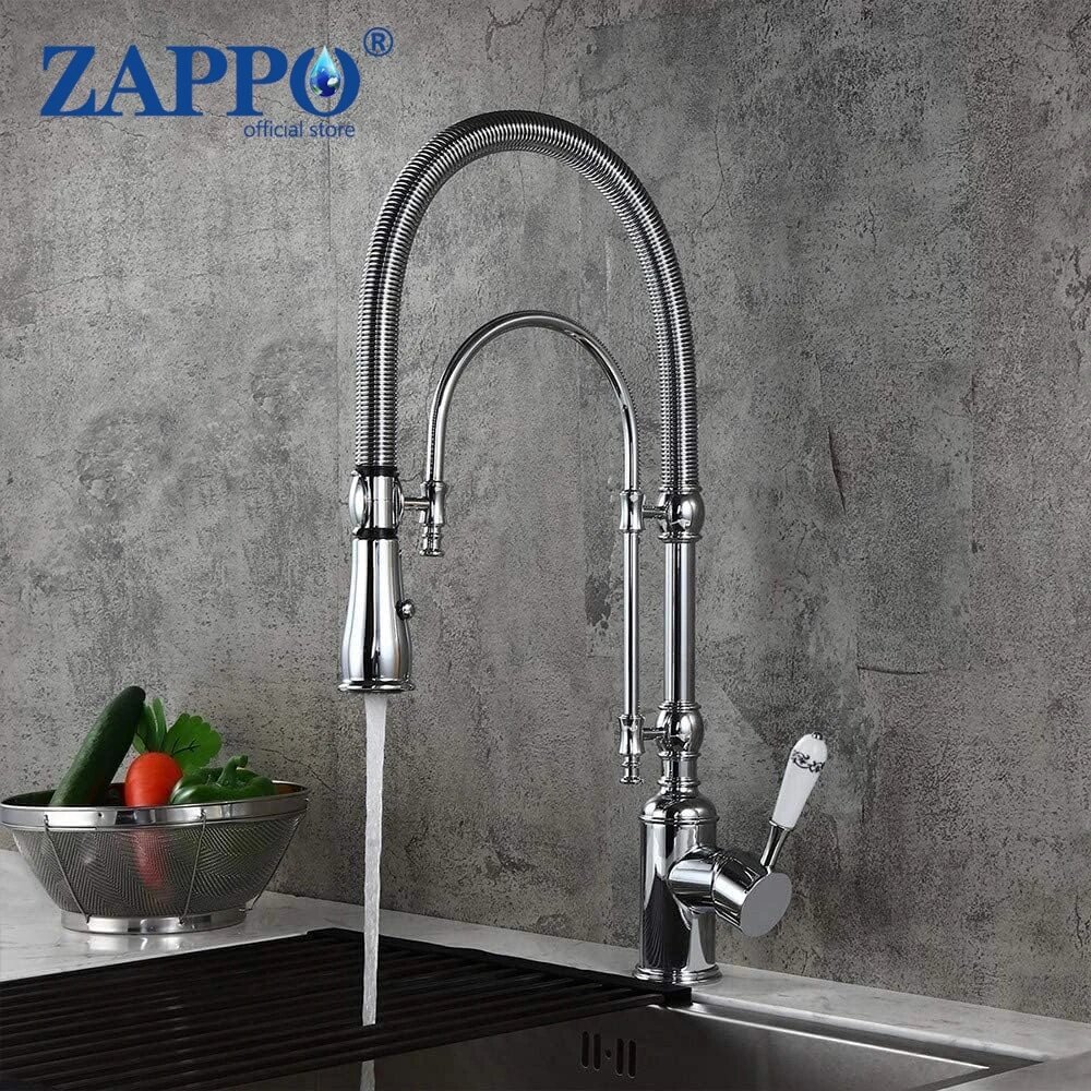 Кран для кухонного мойки ZAPPO Gold and Chrome High Arc с 360-градусным поворотом, двухрежимным подъемно-опускающимся распылителем и фарфоровым ручком-миксером
